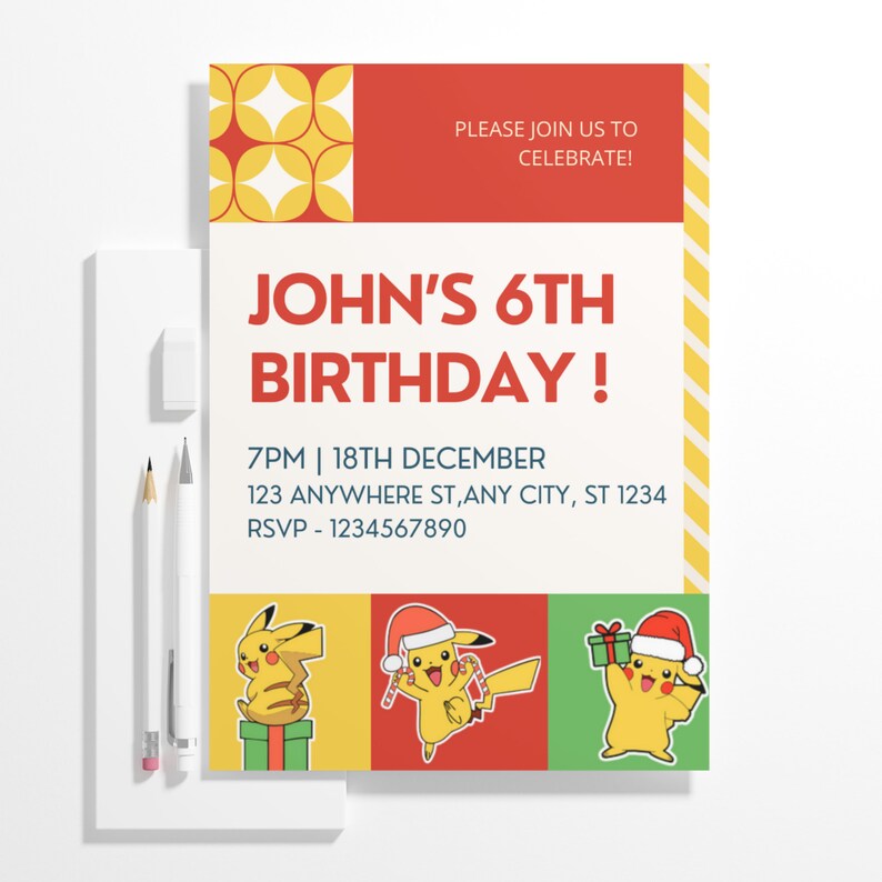 Editable Pikachu Invitation, Printable Pokemon Christmas Invite ...