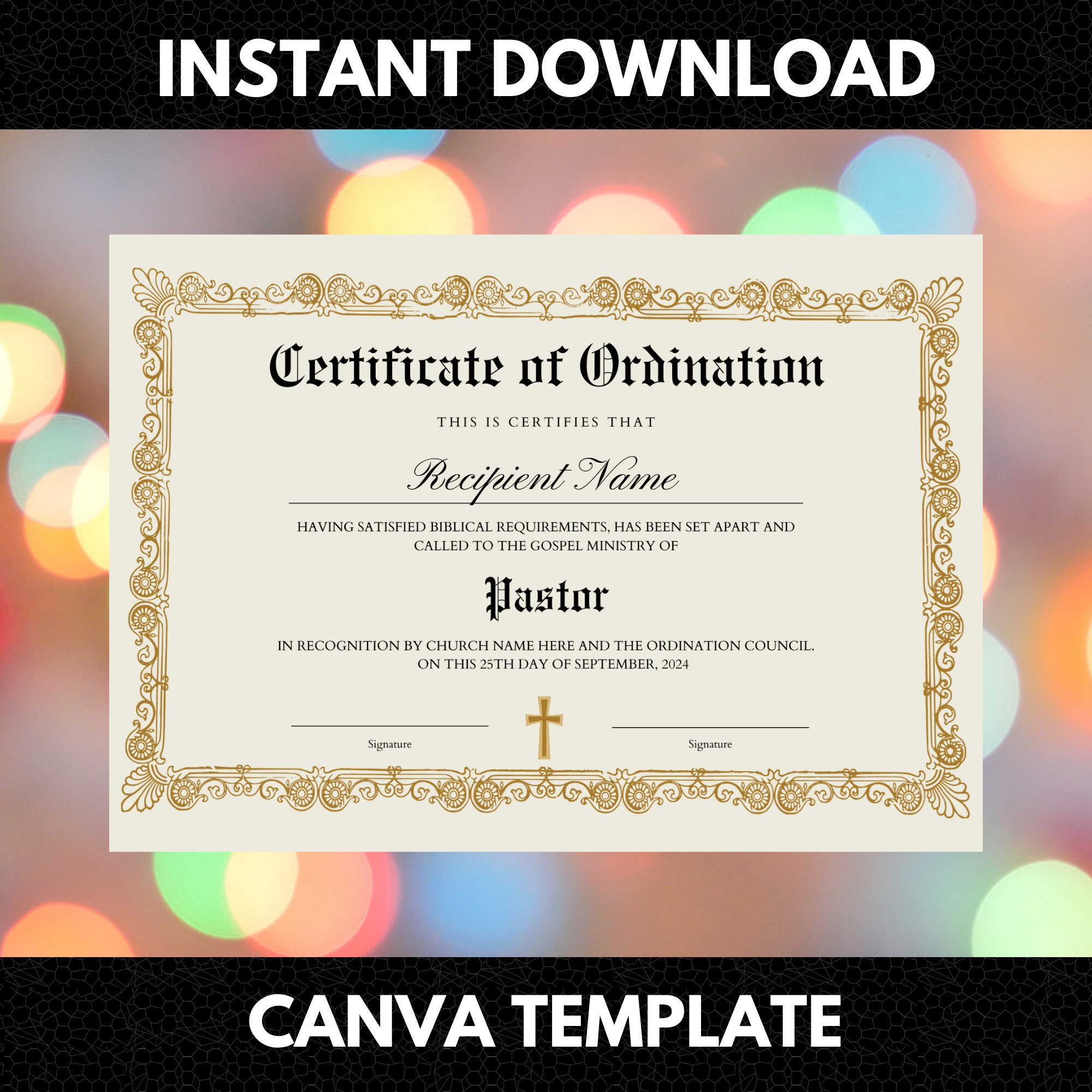 Editable Pastor Ordination Certificate Template, Printable Certificate ...