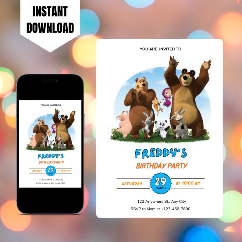 Editable Masha and the Bear Birthday Invitation Template - Etsy