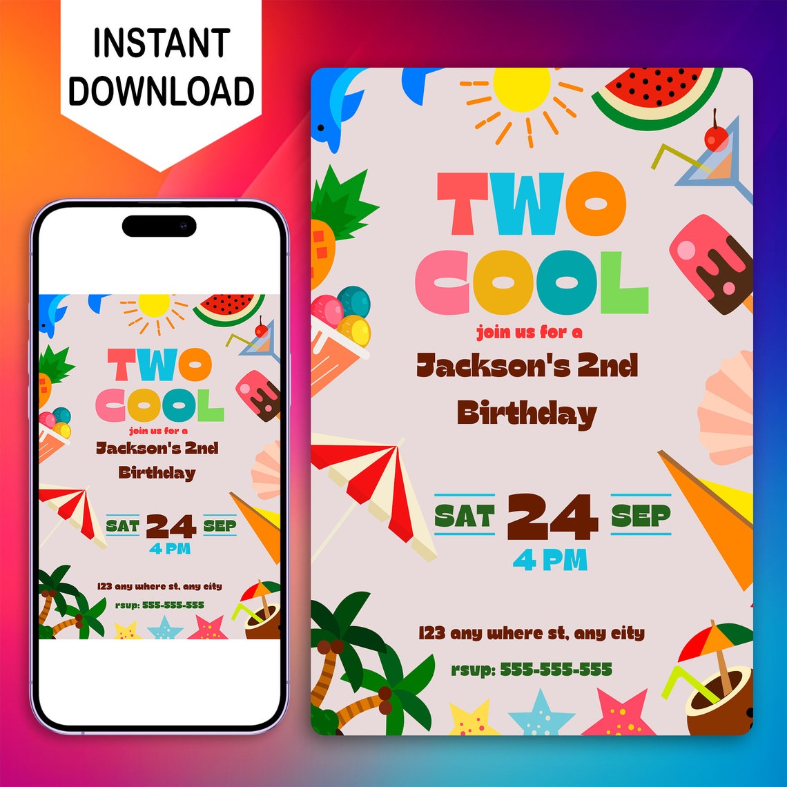 Editable Two Cool Birthday Party Invitation, Digital Two Cool Summer ...