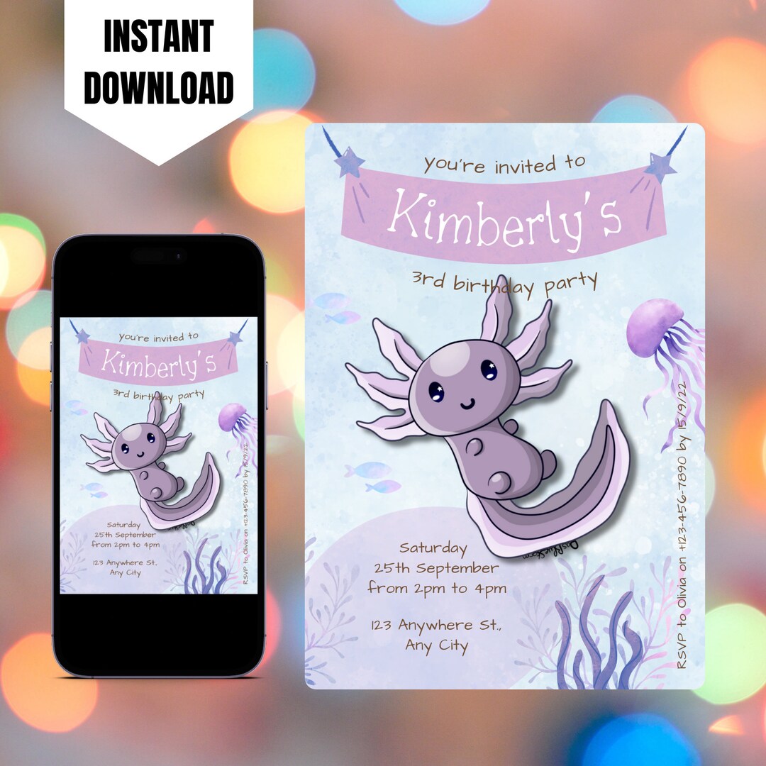 Editable Axolotl Birthday Invitation Printable Axolotl - Etsy