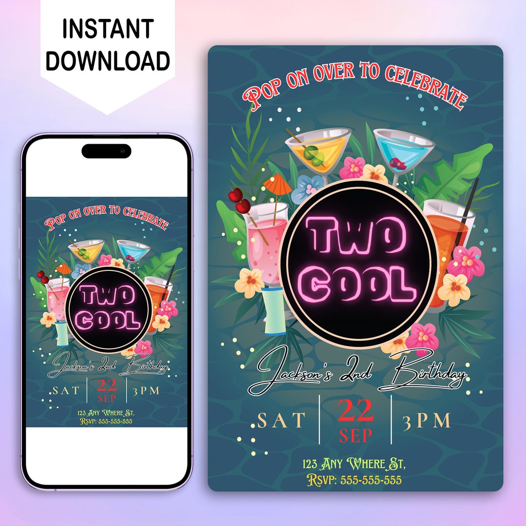 Editable Two Cool Birthday Party Invitation, Digital Two Cool Summer ...