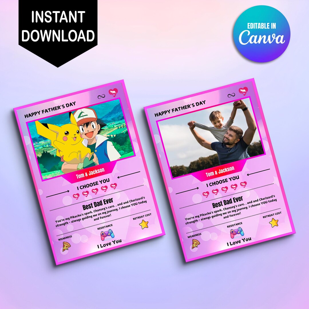 Poke Father's Day Card, Editable Pokemon Custom Gift for Dad, Printable ...