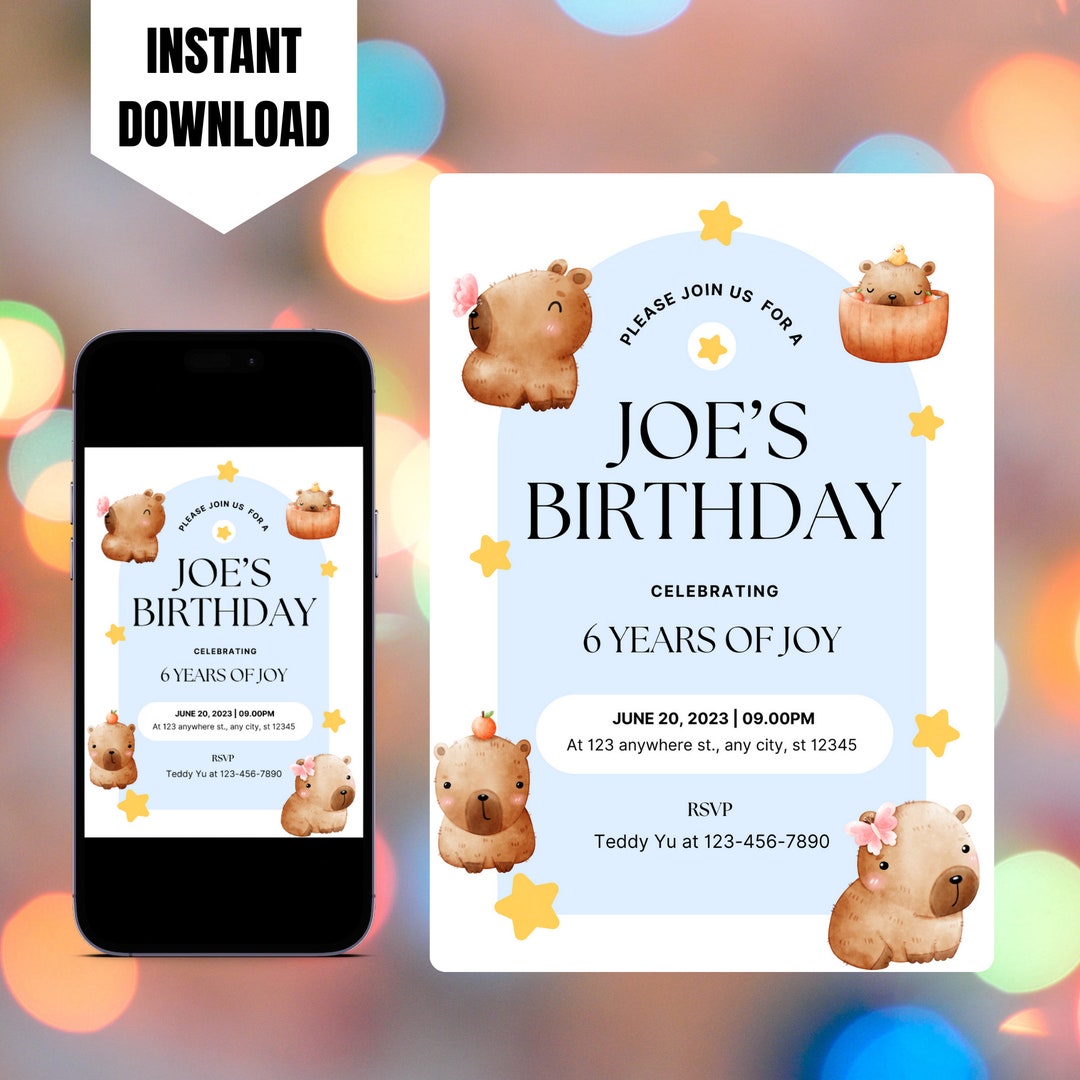 Editable Capybara Invite, Printable Capybara Birthday Party Invite ...