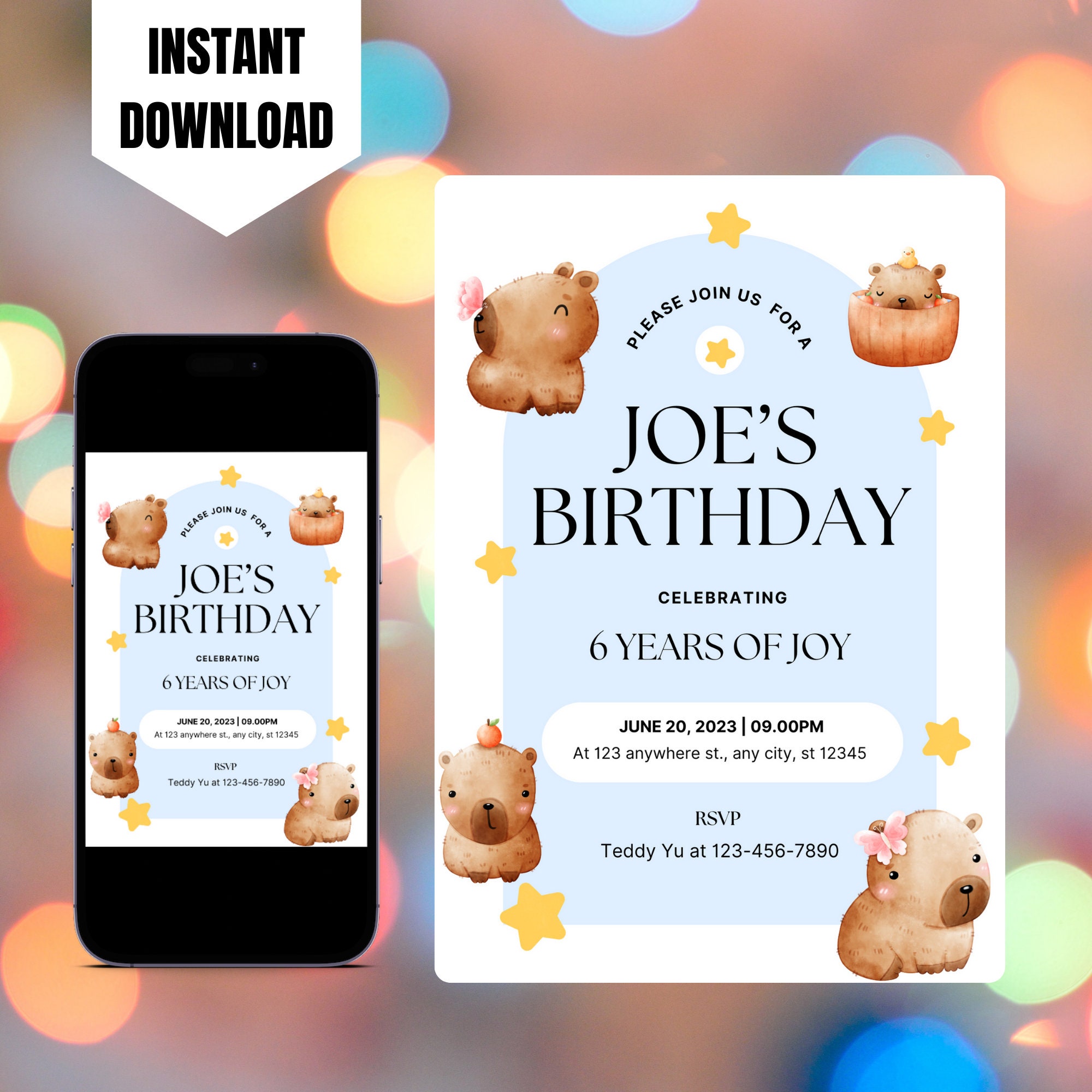 Editable Capybara Invitation, Printable Capybara Birthday Party Invite ...