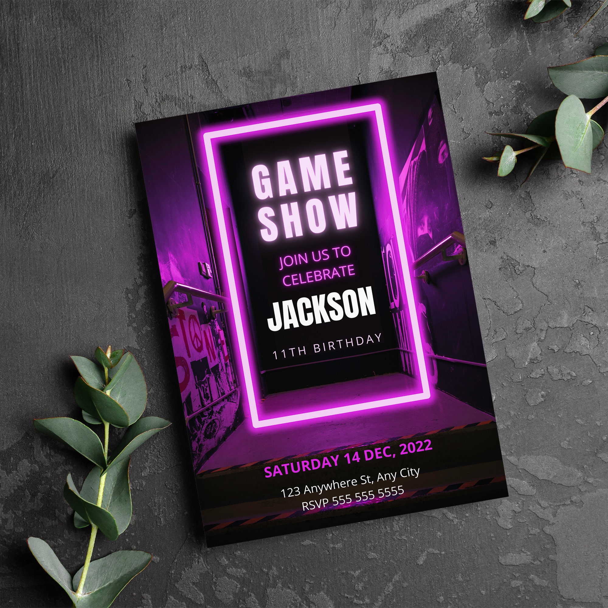 Editable Game Show Birthday Invitation, Digital Neon Game Night ...