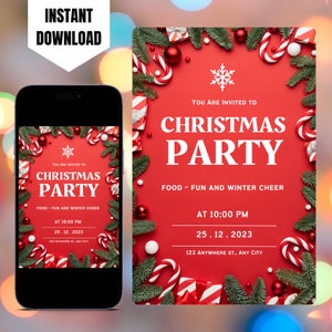 Editable Peppermint Christmas Party Invitation, Printable Candy Cane ...