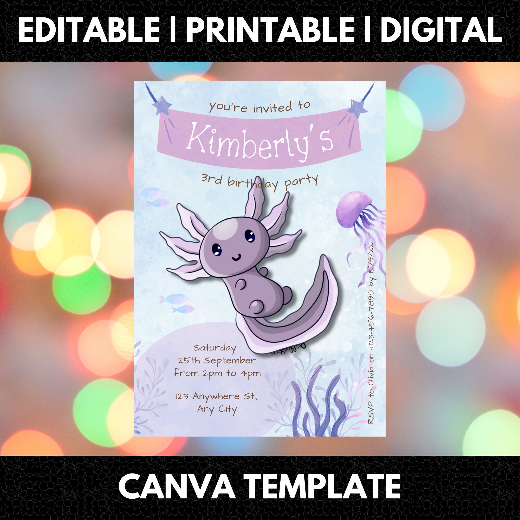Editable Axolotl Birthday Invitation Printable Axolotl - Etsy