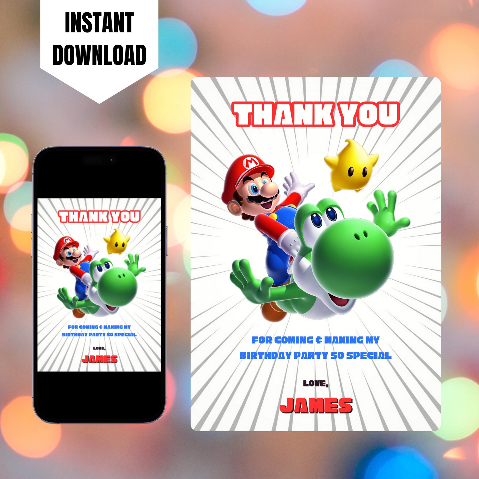 Editable Super Mario Thank You Cards, Printable Super Mario Birthday Thank You Card, Digital ...