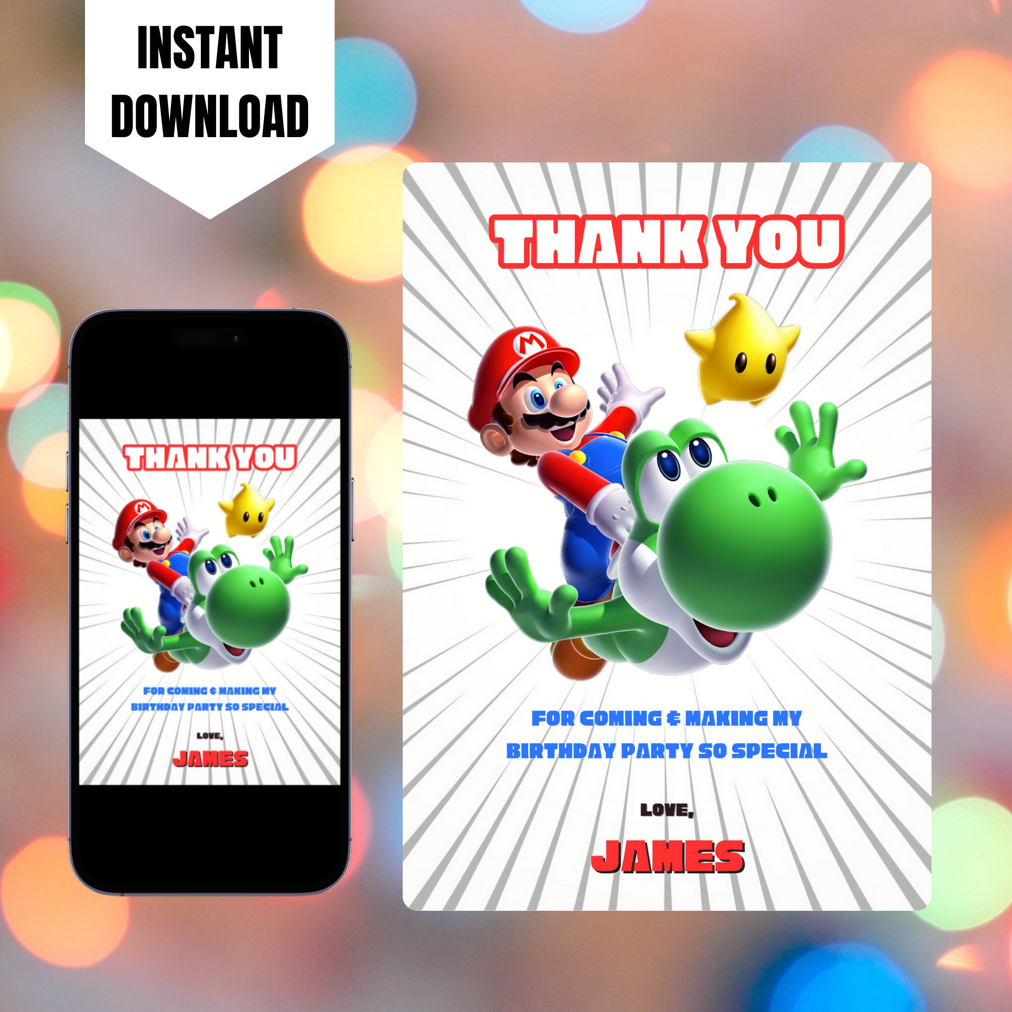 Editable Super Mario Thank You Cards, Printable Super Mario Birthday Thank You Card, Digital ...