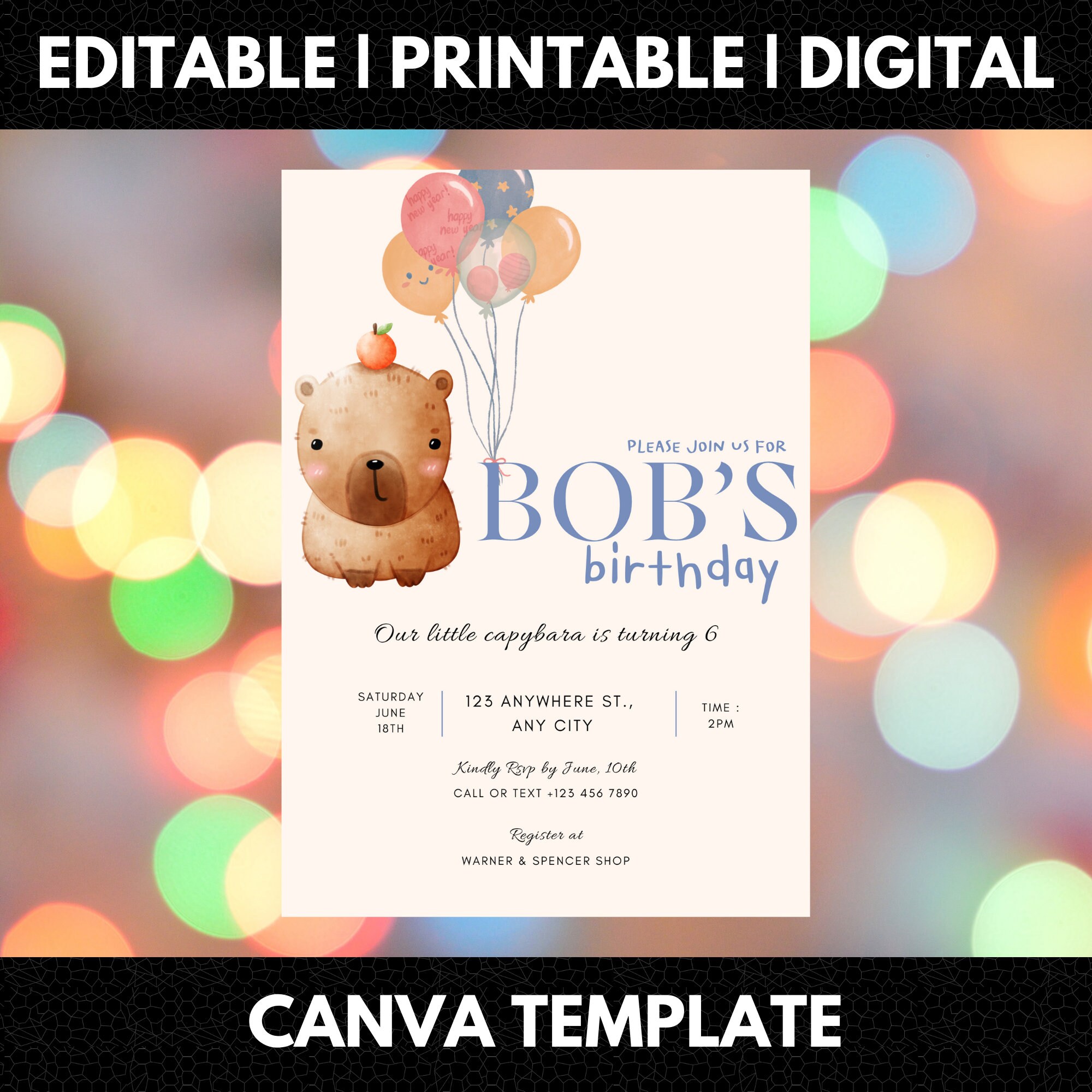 Editable Capybara Birthday Invitation, Printable Capybara Party Invite ...