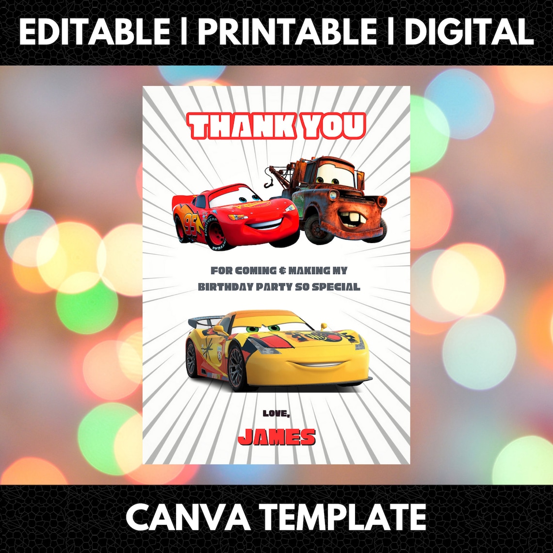 Editable Cars Thank You Cards, Printable Cars Birthday Thank You Card ...