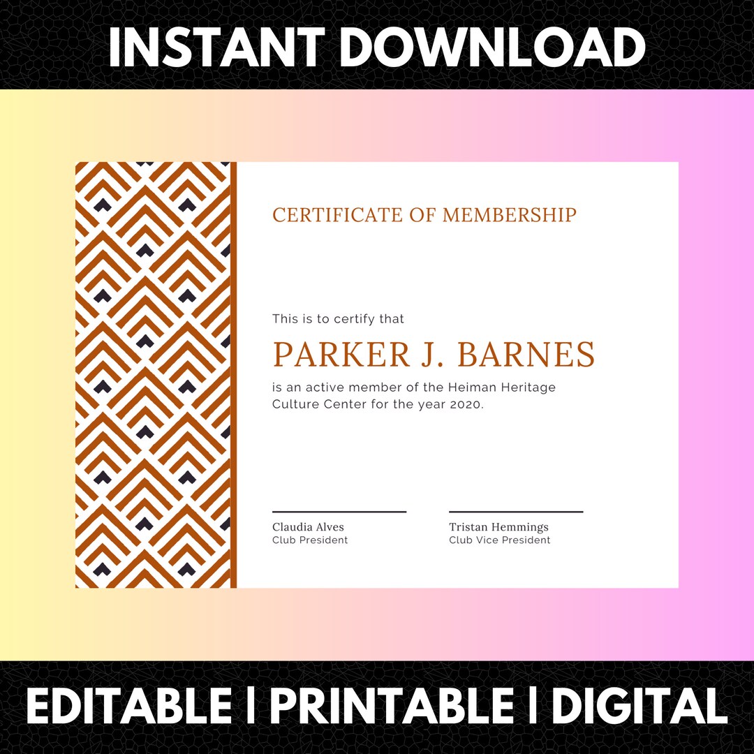 Editable Certificate of Membership, Membership Certificate, Digital ...