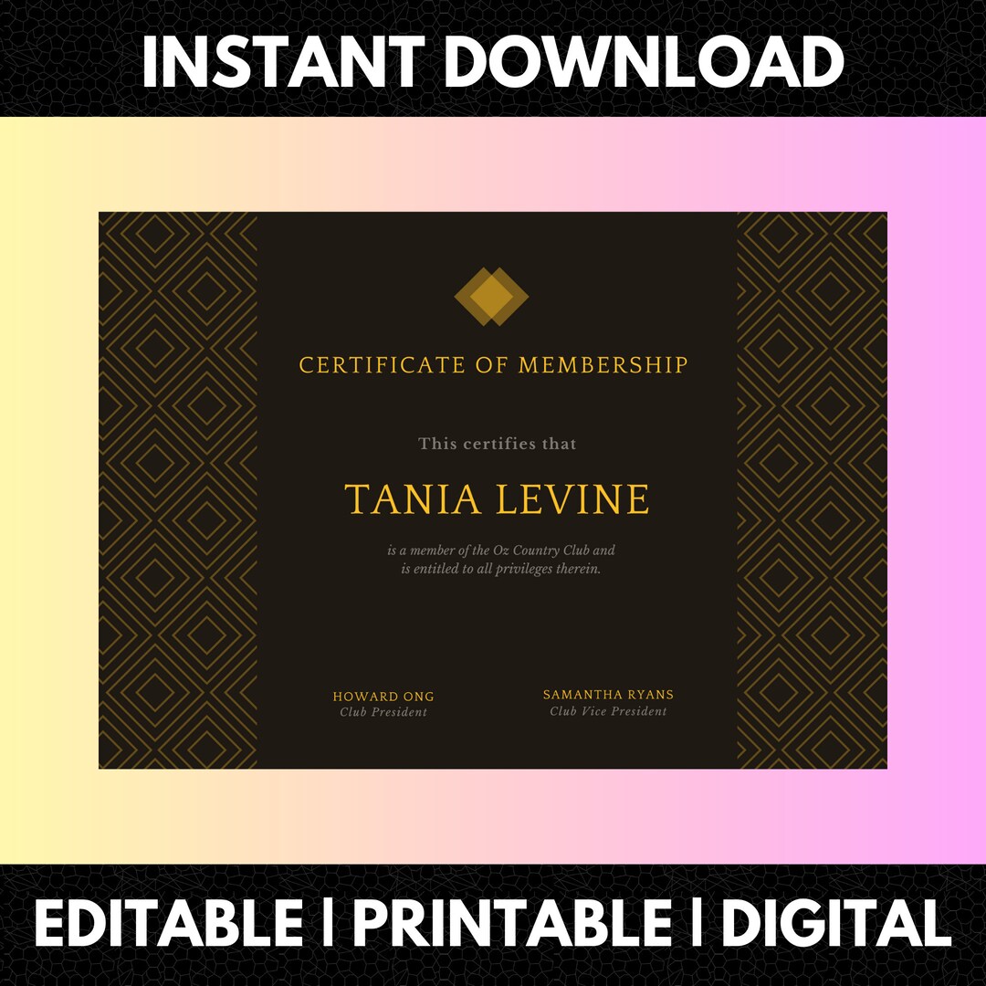 Editable Certificate of Membership, Membership Certificate, Digital ...