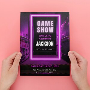 Editable Game Show Birthday Invitation, Digital Neon Game Night ...