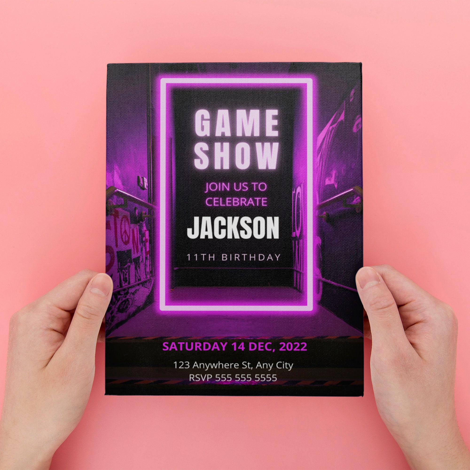 Editable Game Show Birthday Invitation, Digital Neon Game Night ...