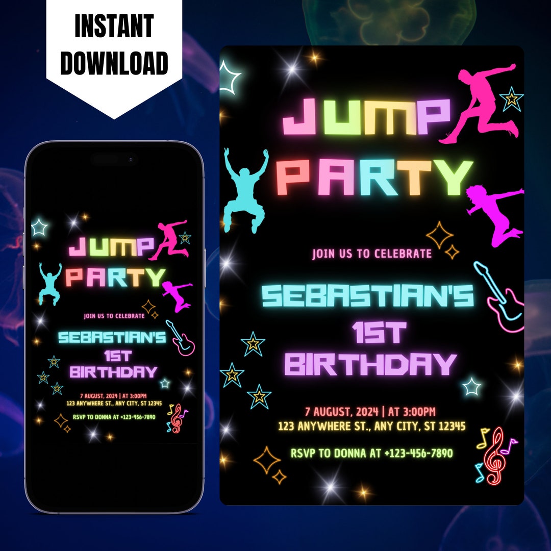 Editable Jump Party Birthday Invitation, Digital Neon Party Invites ...