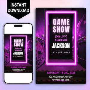 Editable Game Show Birthday Invitation, Digital Neon Game Night ...