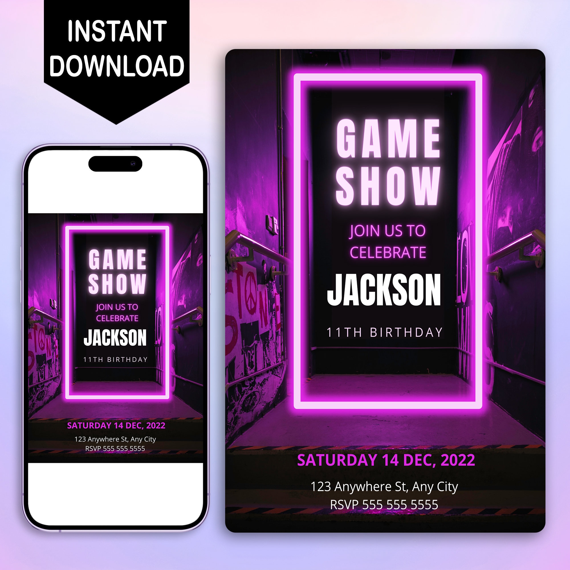 Editable Game Show Birthday Invitation, Digital Neon Game Night ...