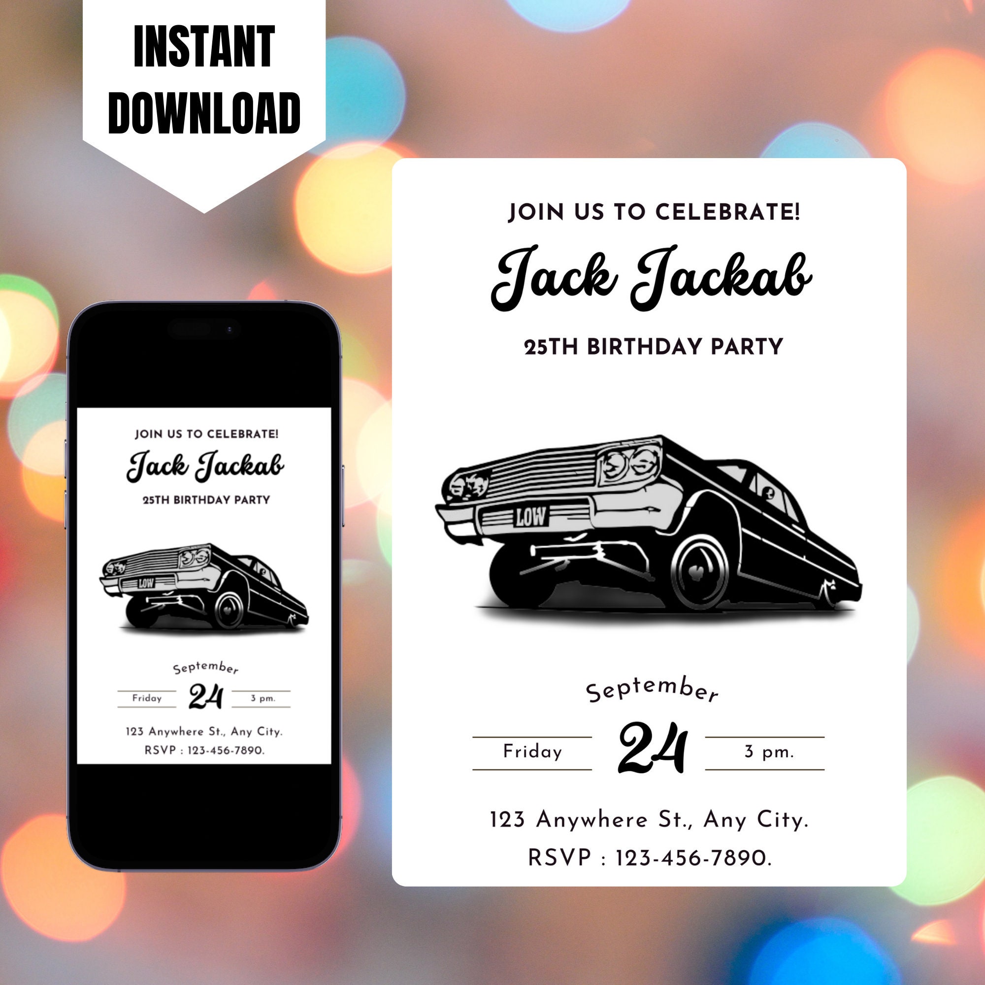 Editable Lowrider Birthday Invitation: Black & White Canva Template - Etsy
