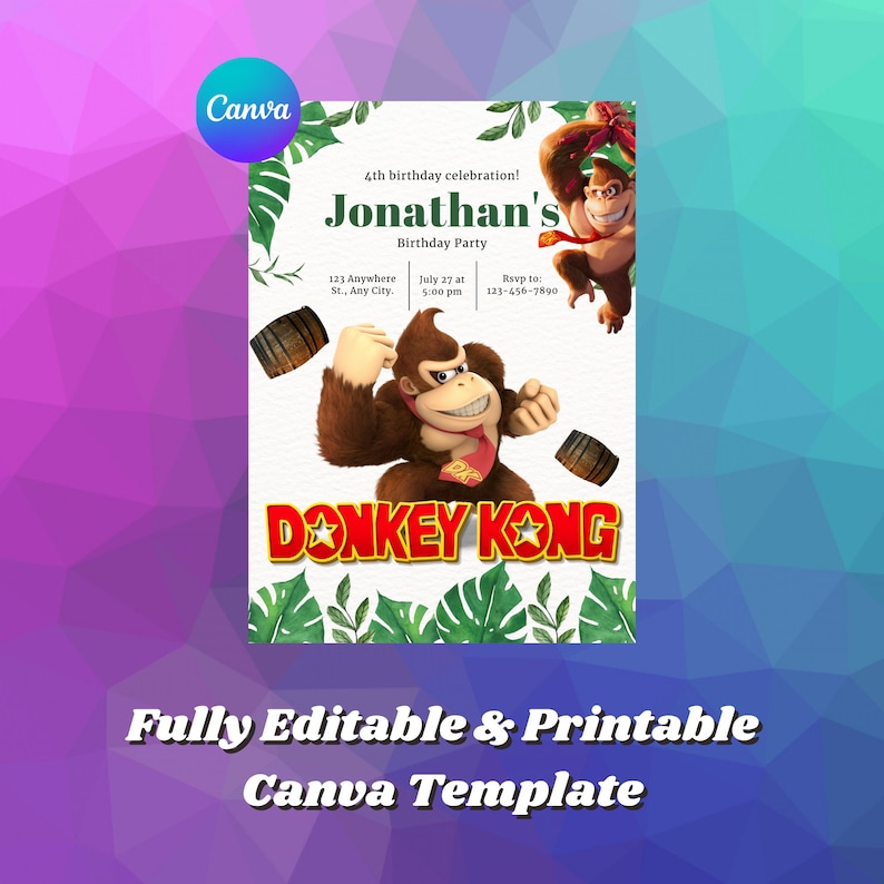 Editable Donkey Kong Birthday Invitation, Printable Donkey Kong ...