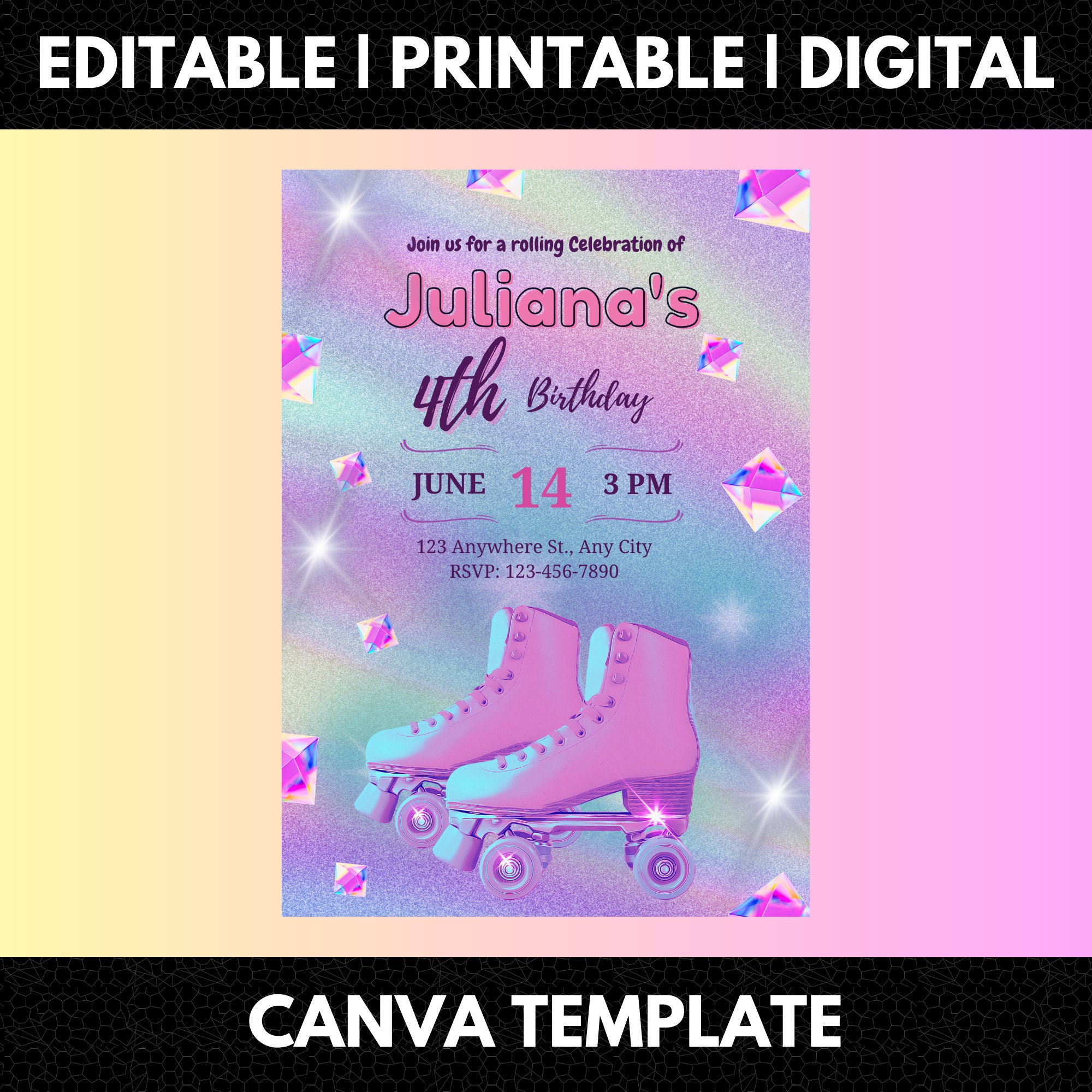 Editable Roller Skating Invite, Printable Glow Roller Skating Party ...