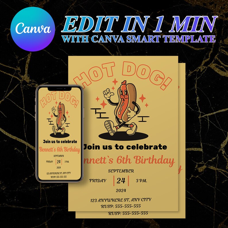 Retro Hot Dog Birthday Invitation: Printable Kids Party Template - Etsy