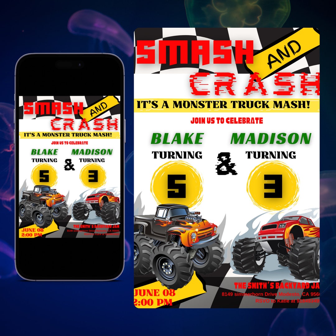 Editable Smash and Crash Birthday Invite, Printable Monster Truck ...