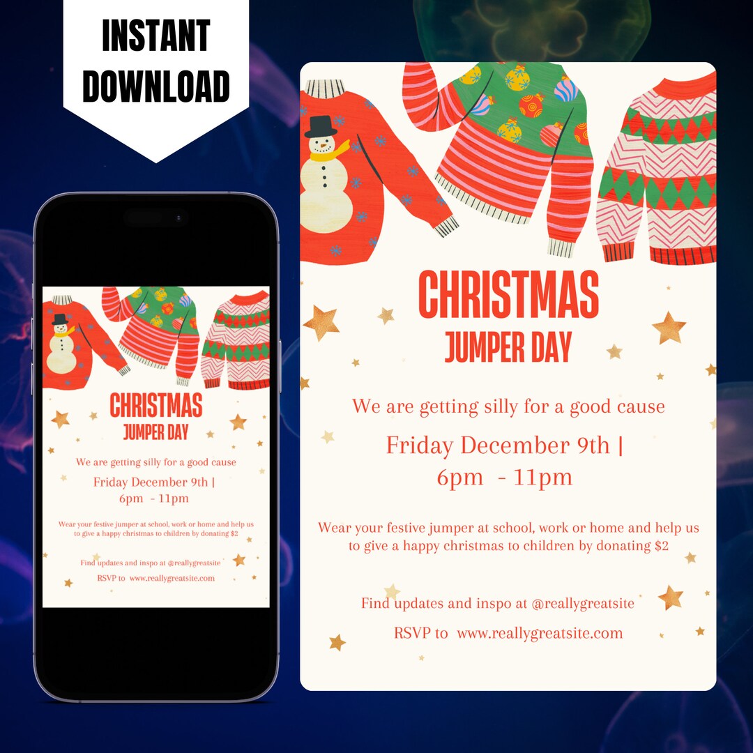 Editable Christmas Jumper Day Invitation, Printable Ugly Sweater ...