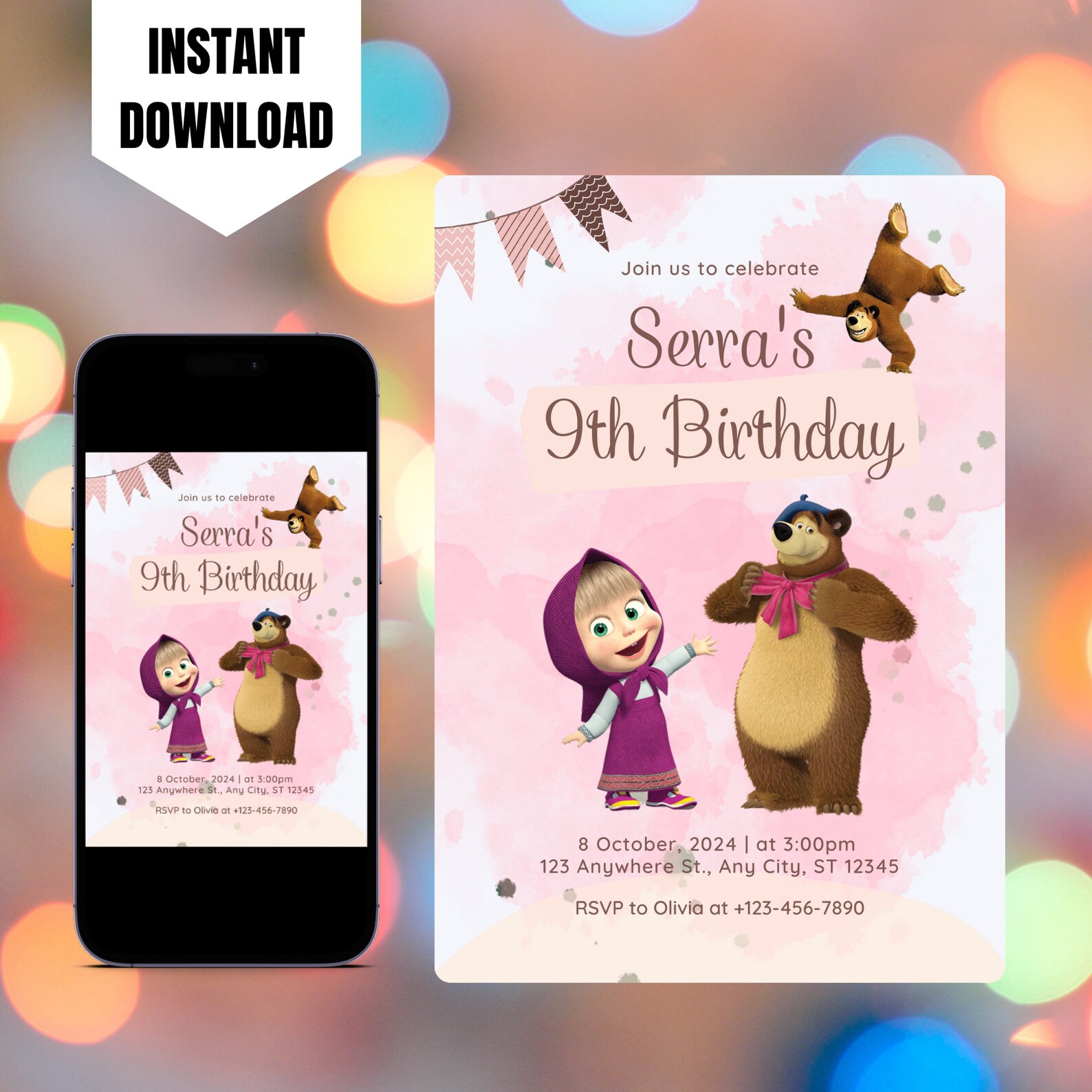 Editable Masha and the Bear Birthday Invitation - Etsy UK