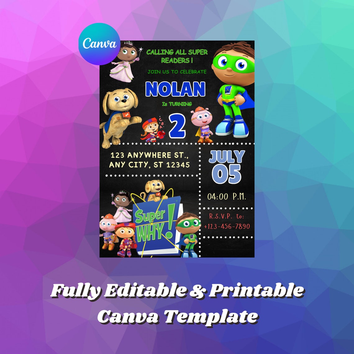 Editable Super Why Birthday Invitation Template, Printable Super Why ...