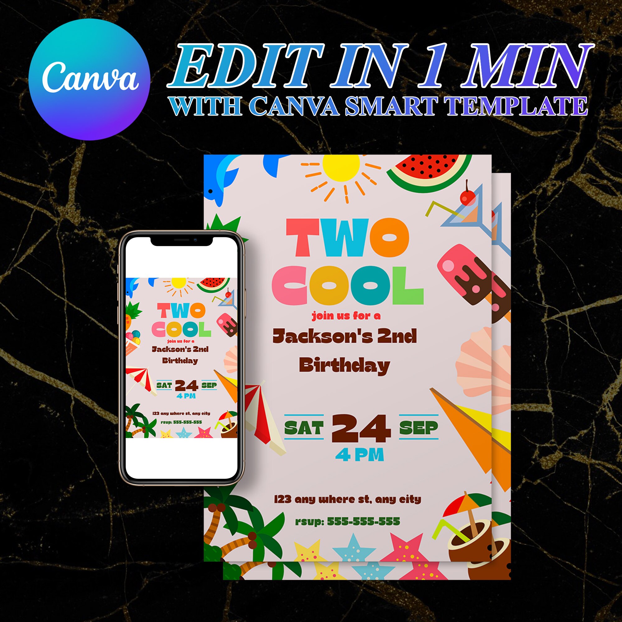 Editable Two Cool Birthday Party Invitation, Digital Two Cool Summer ...