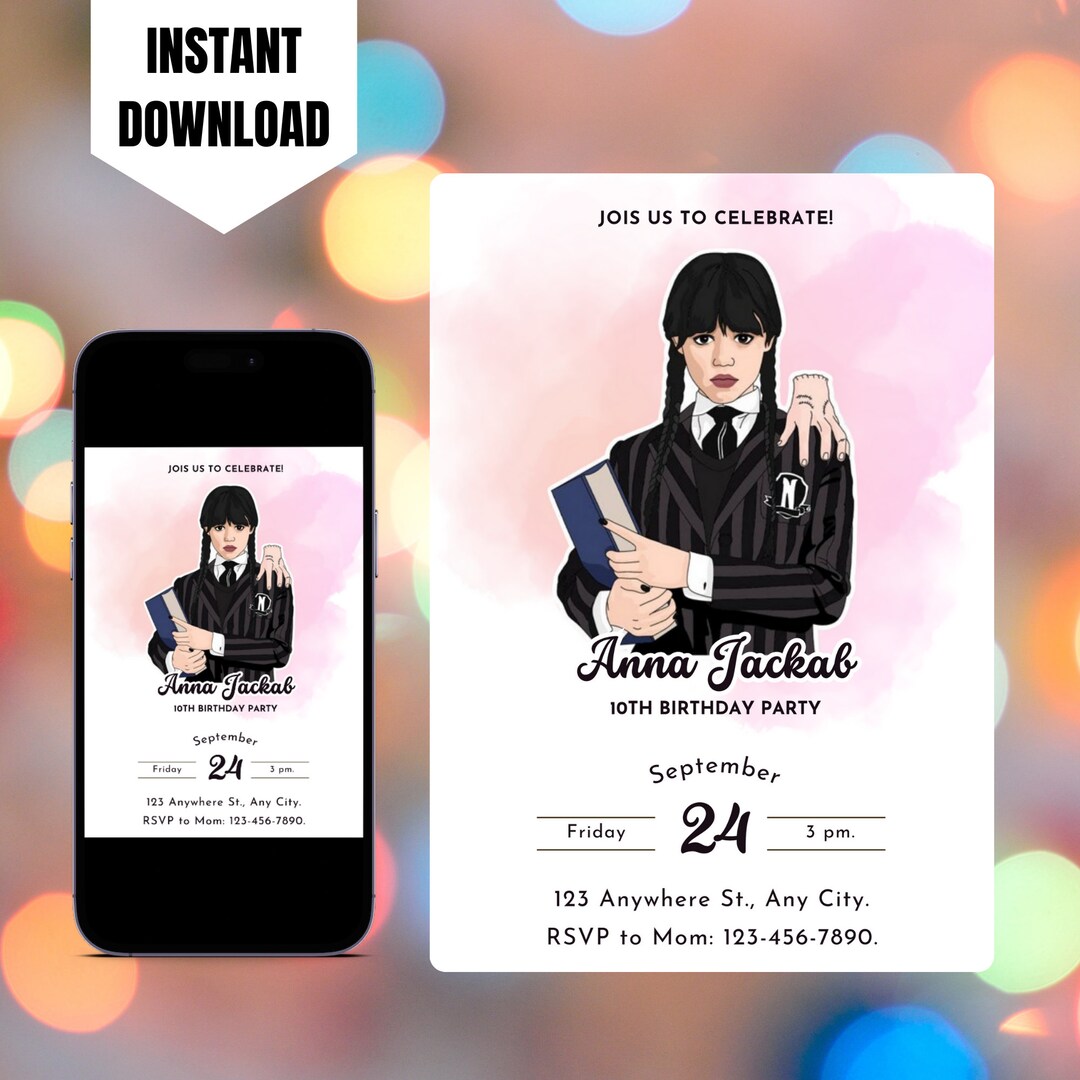 Editable Wednesday Addams Birthday Invitation, Printable Wednesday ...