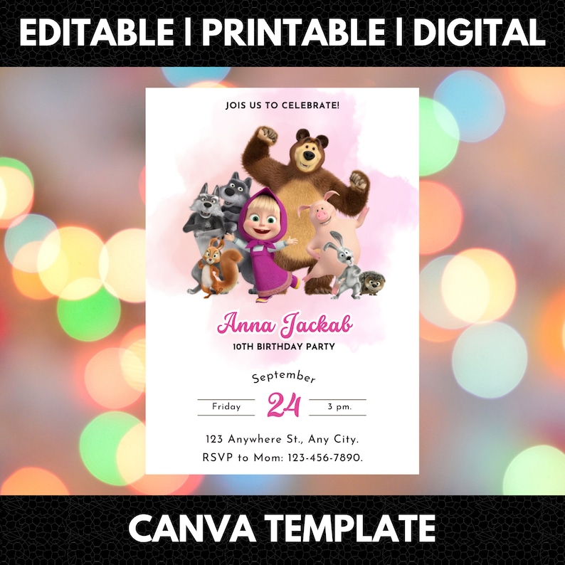 Editable Masha and the Bear Birthday Invitation - Etsy