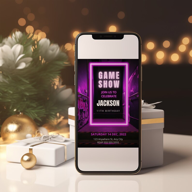 Editable Game Show Birthday Invitation, Digital Neon Game Night ...