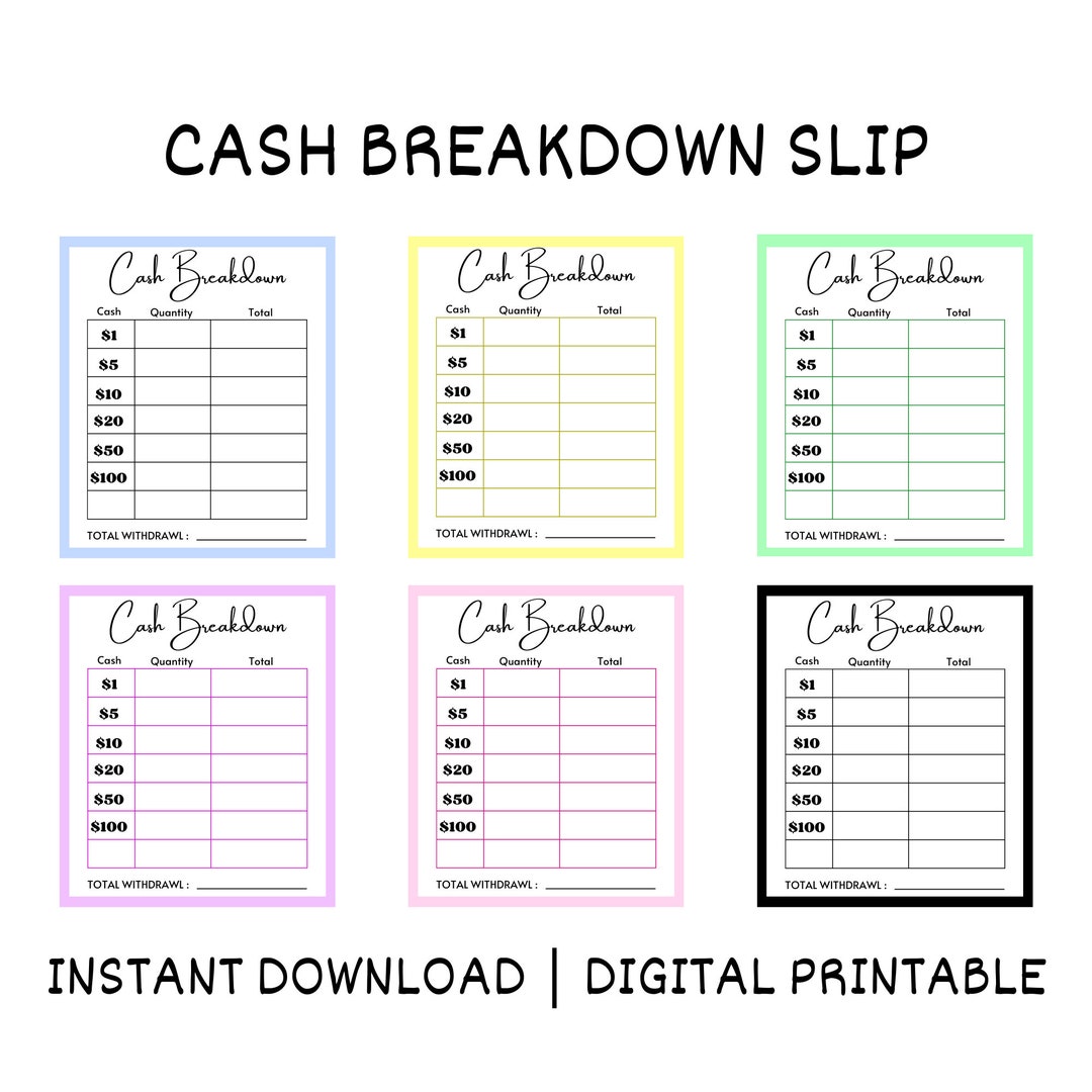 Printable Cash Breakdown, Teller Bank Slip, Editable Teller Slip, Cash ...