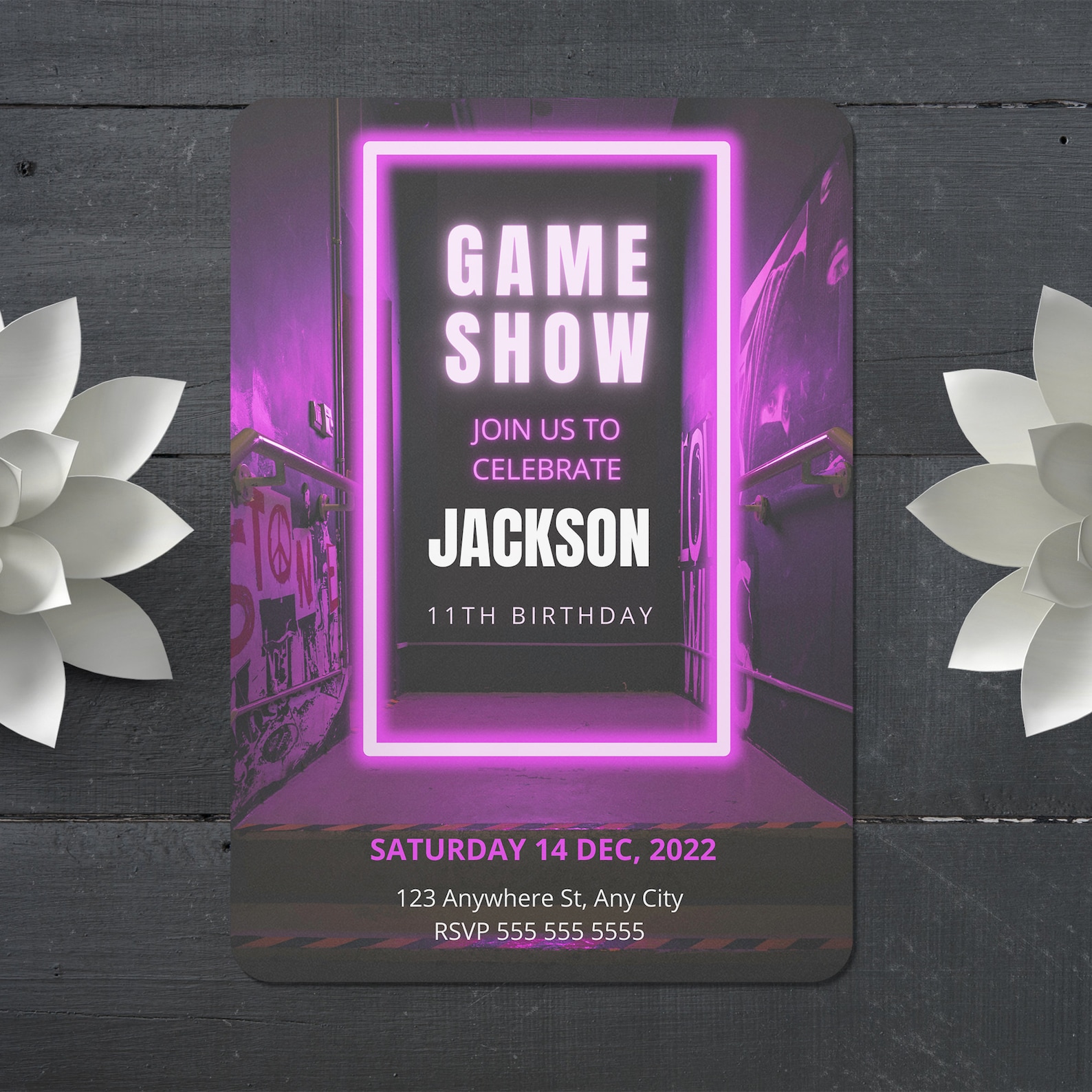 Editable Game Show Birthday Invitation, Digital Neon Game Night ...