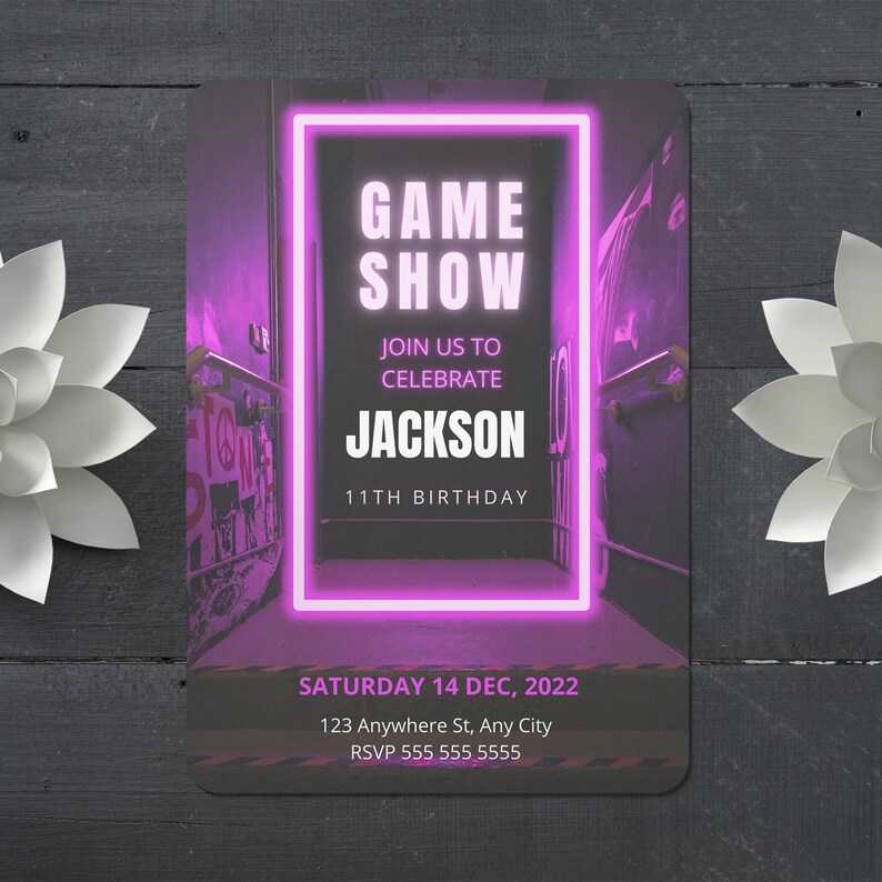 Editable Game Show Birthday Invitation, Digital Neon Game Night ...