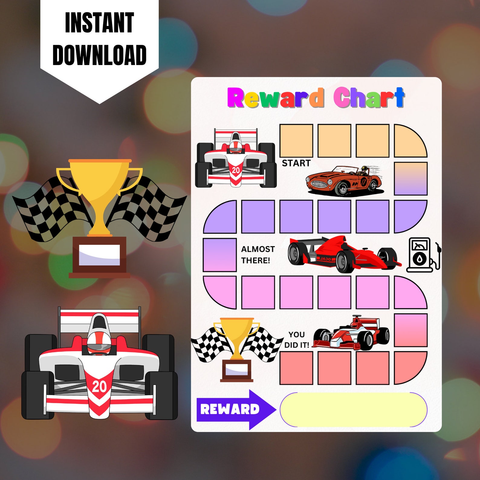 Racing Car Reward Chart, Printable Cars Behavior Chart, Digital Racing ...