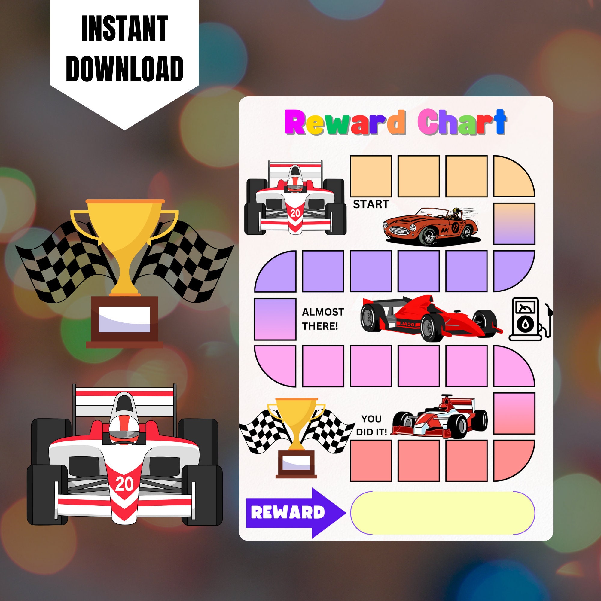 Racing Car Reward Chart, Printable Cars Behavior Chart, Digital Racing ...