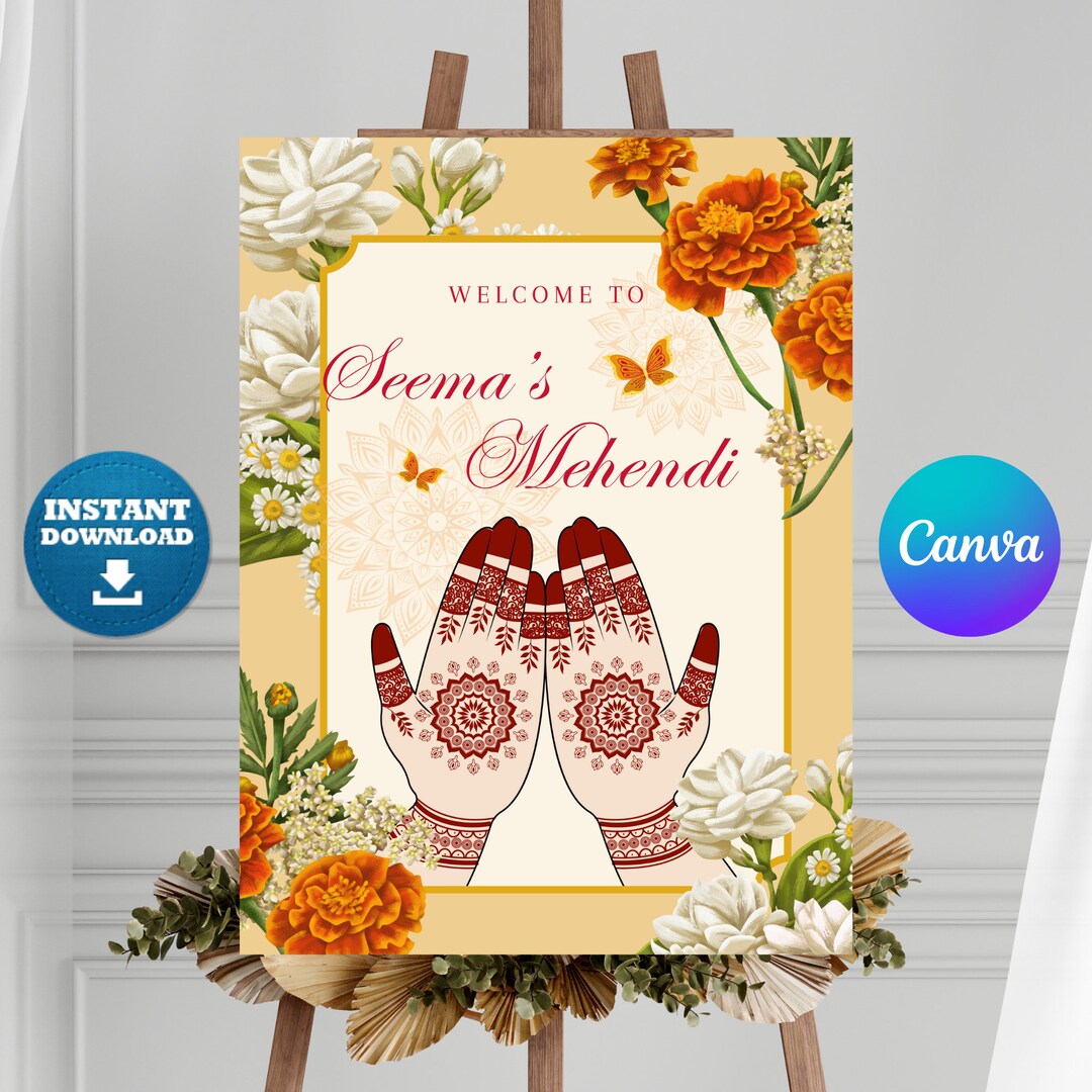 Editable Mehendi Sign Template, Printable Wedding Welcome Sign, Digital ...