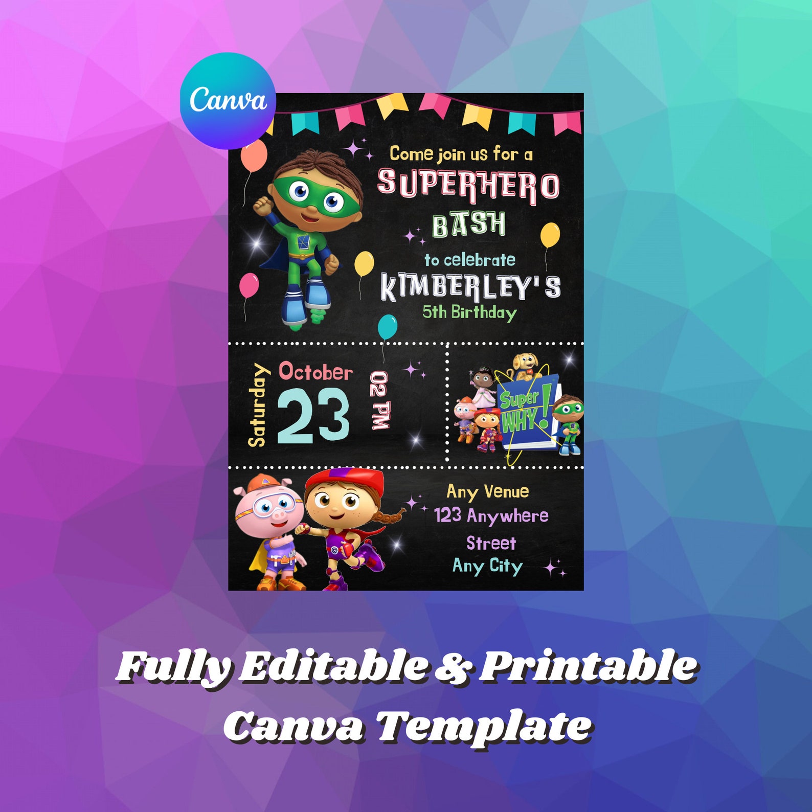 Editable Super Why Invitation Template, Printable Super Why Birthday ...