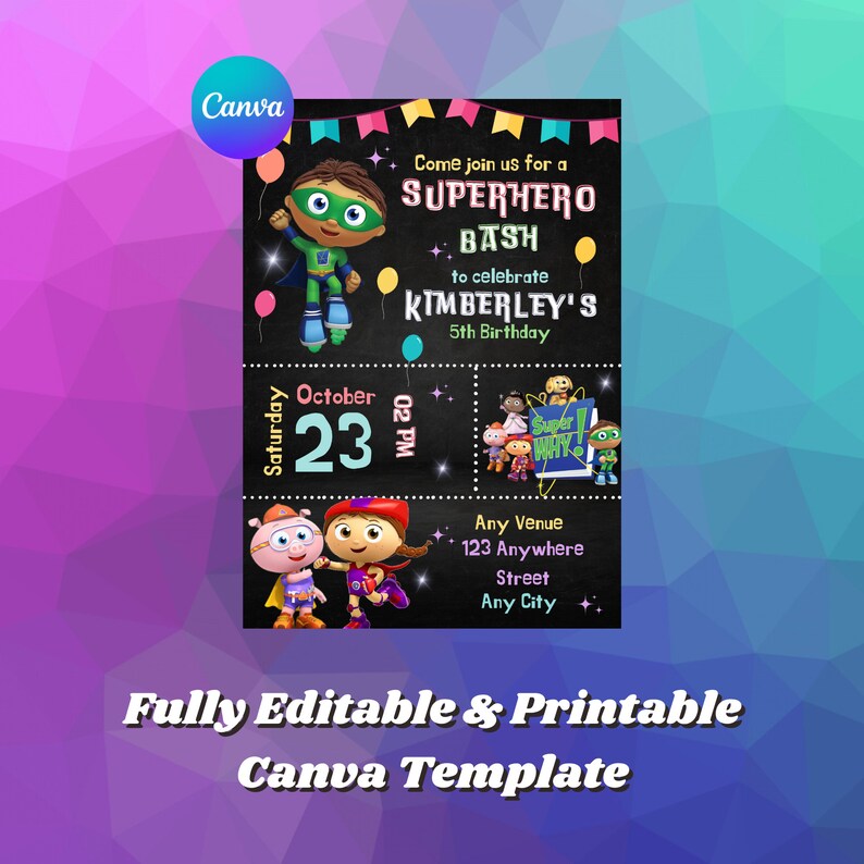 Editable Super Why Invitation Template, Printable Super Why Birthday ...