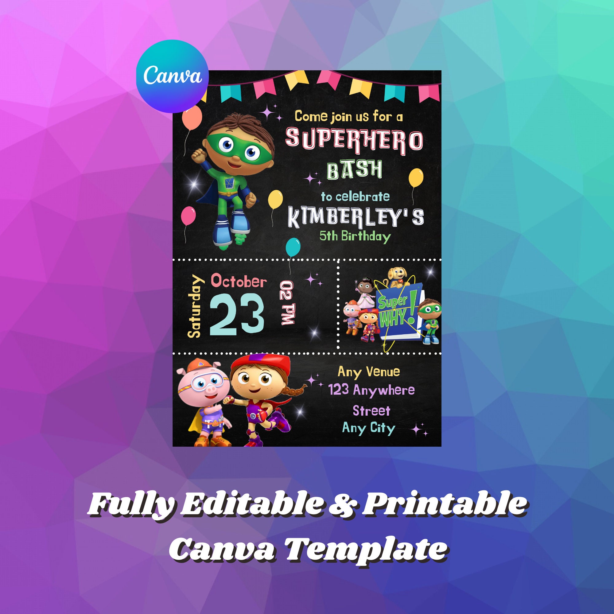 Editable Super Why Invitation Template, Printable Super Why Birthday ...