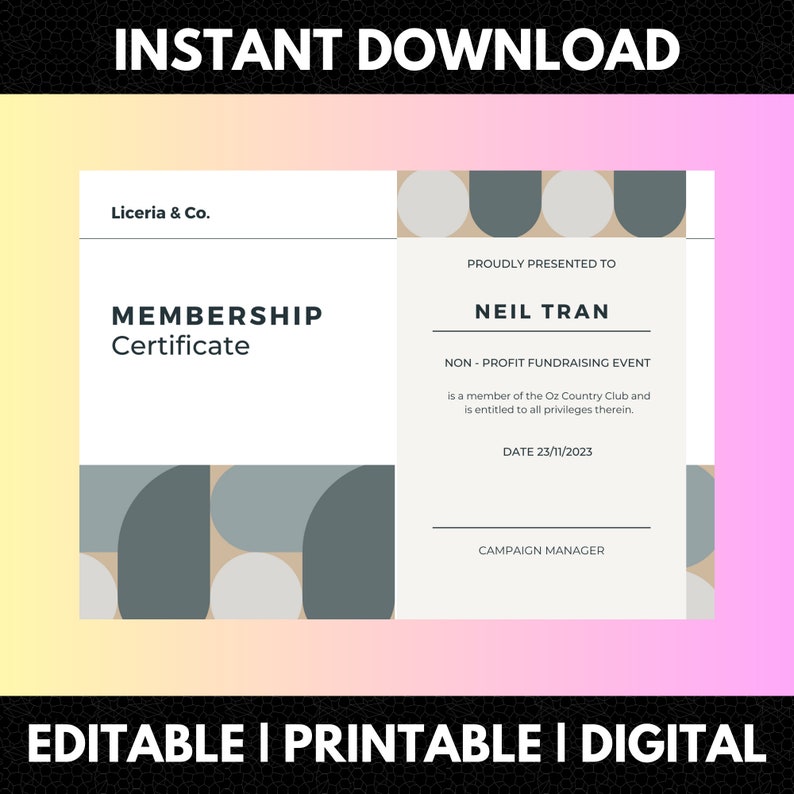 Editable Certificate of Membership, Membership Certificate, Digital ...