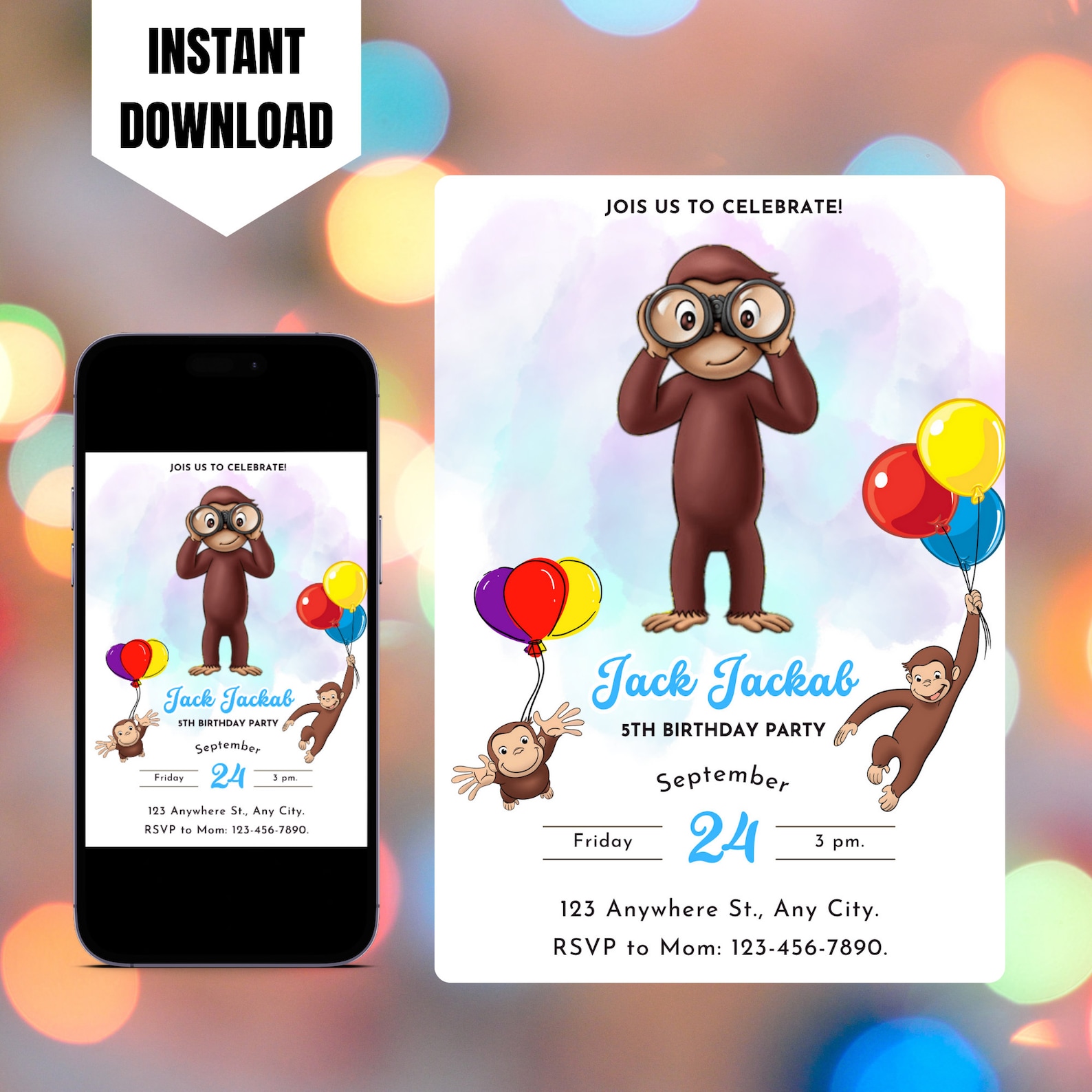 Editable Curious George Birthday Invitation, Printable Curious George ...