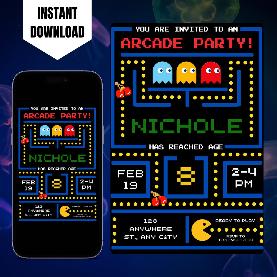 Editable Pac Man Birthday Invitation, Printable Retro Arcade Game Birthday Invitation, Digital ...