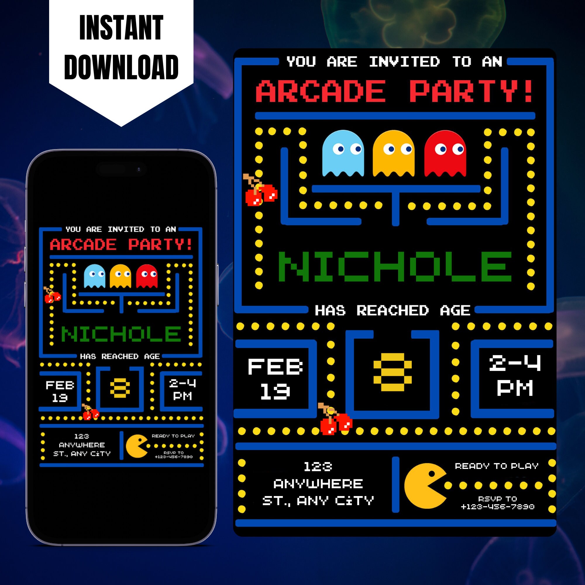 Editable Pac Man Birthday Invitation, Printable Retro Arcade Game ...