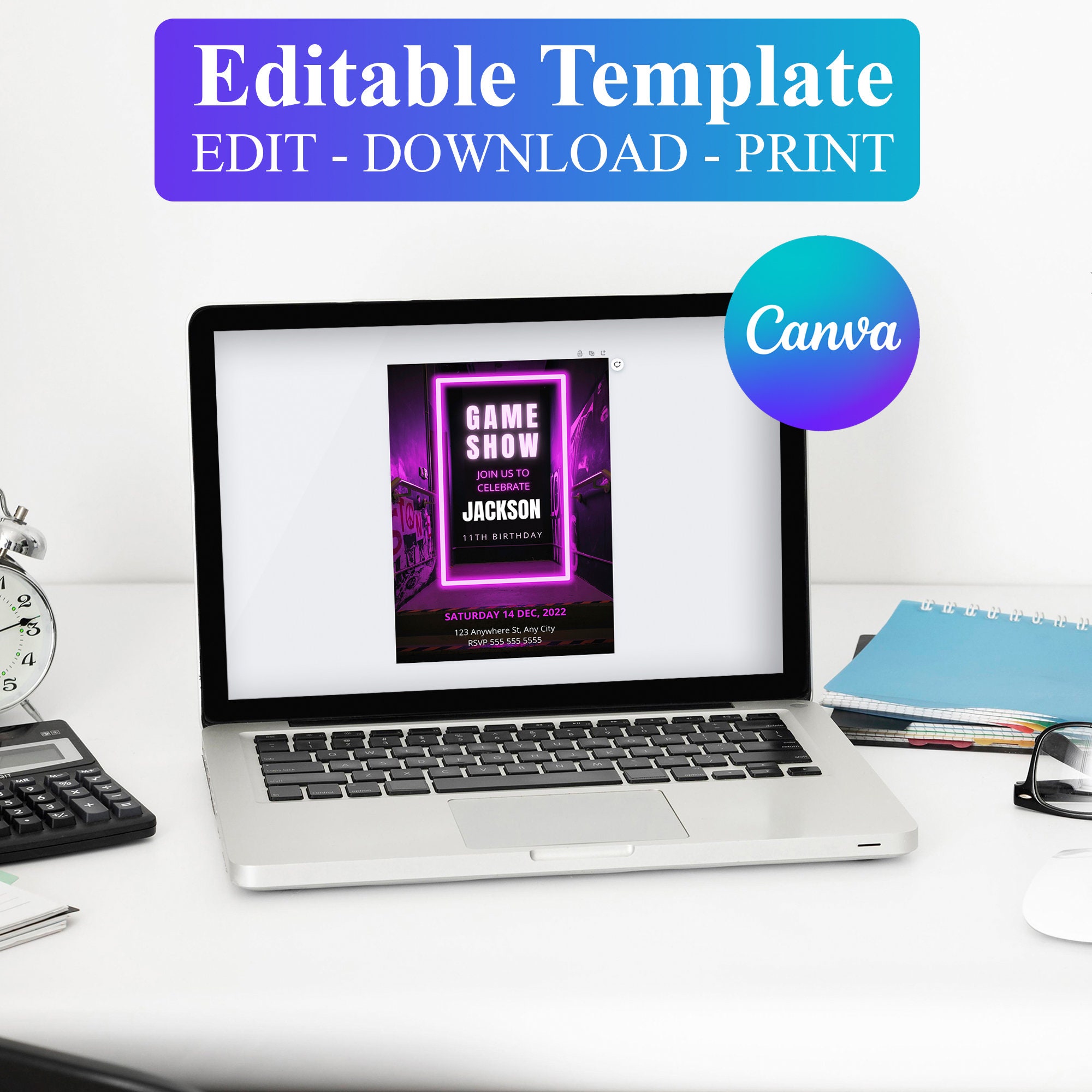 Editable Game Show Birthday Invitation, Digital Neon Game Night ...