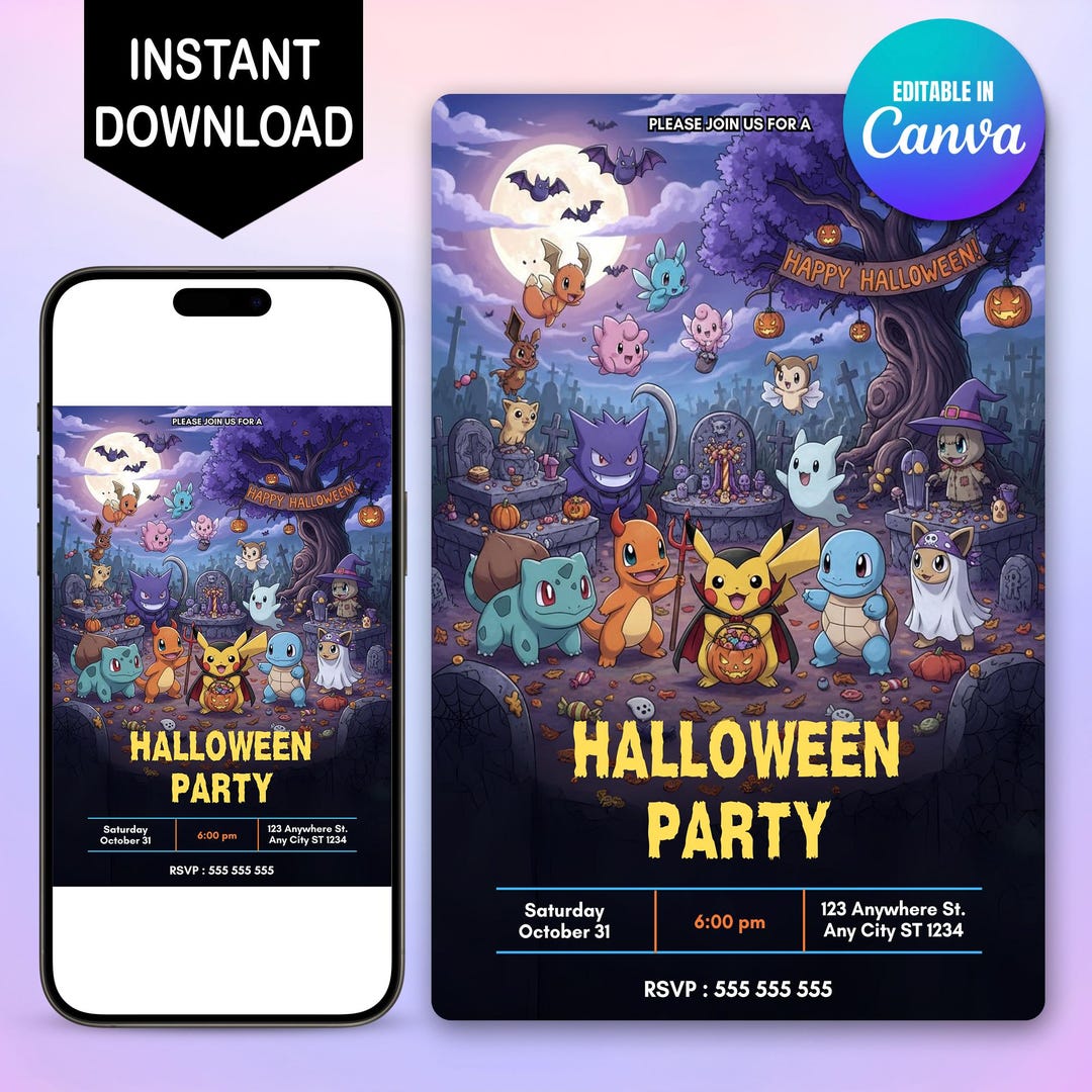 Pokemon Halloween Party Invitation, Editable Canva Template, Halloween ...
